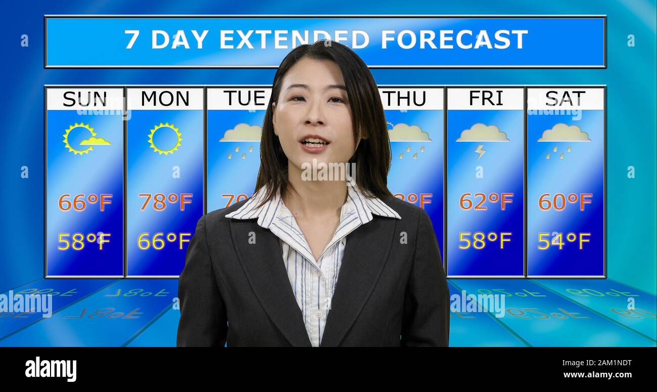Female Asian American meteorologist reporting weather, original design ...