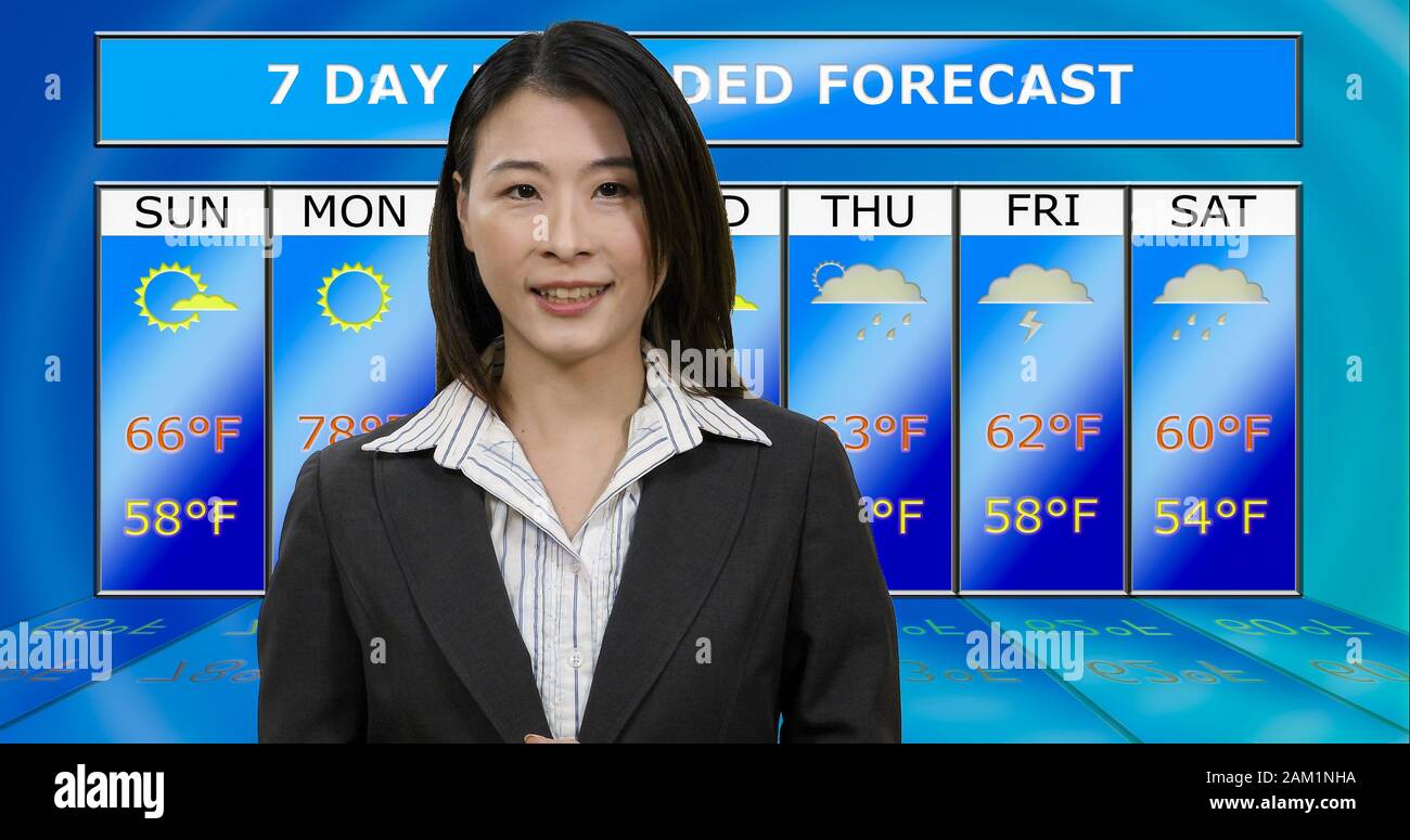 Female Asian American meteorologist reporting weather, original design ...