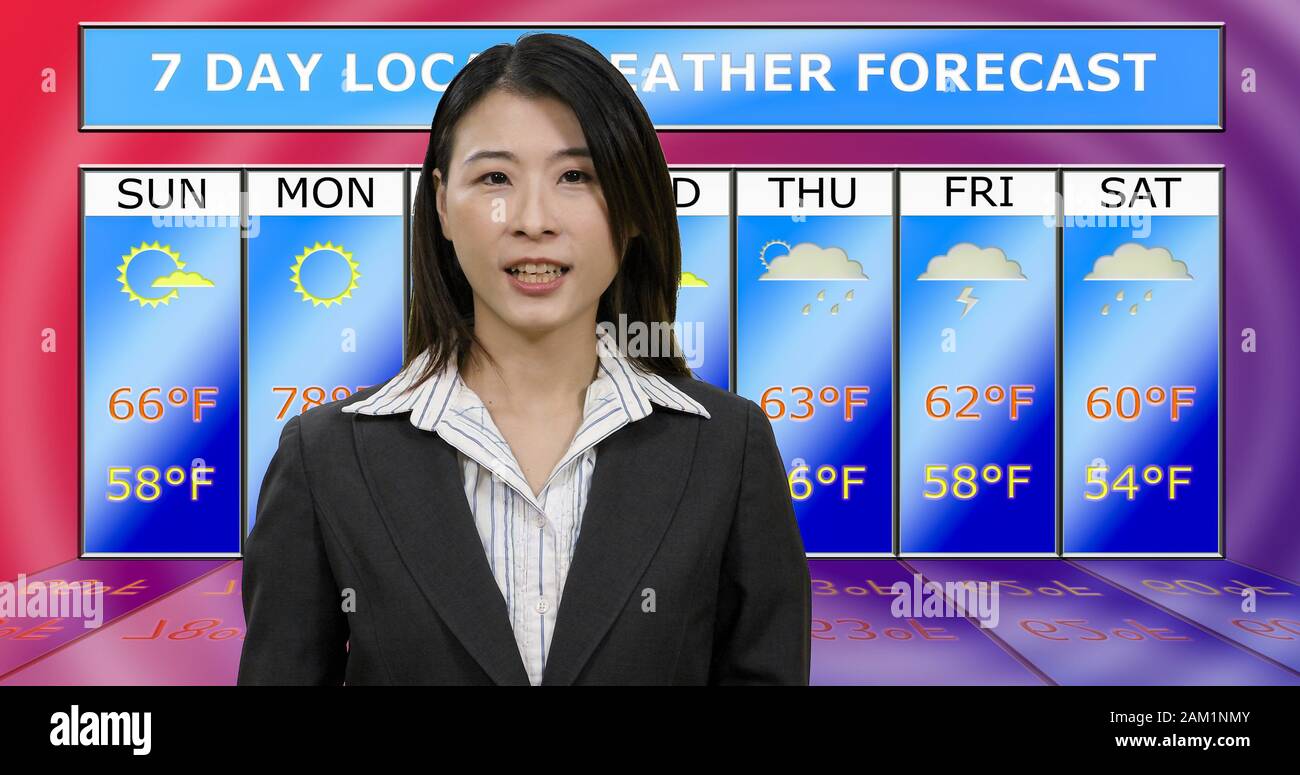 Female Asian American meteorologist reporting weather, original design ...