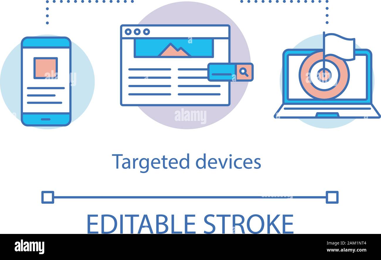 Targeted devices concept icon. Devices get targeted ads and messages idea thin line illustration ...