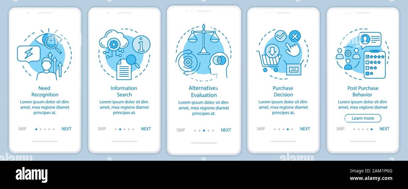 Buying decision process blue onboarding mobile app page screen vector ...