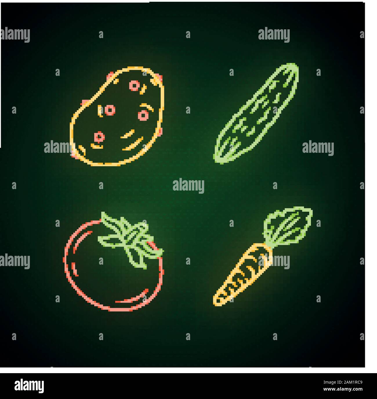 Vegetables neon light icons set. Potato, cucumber, tomato, carrot ...