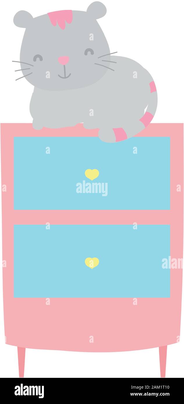 cute gray cat on drawers furniture cartoon on white background vector ...