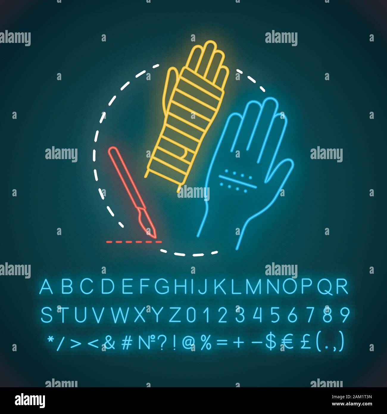 Hand surgery neon light icon. Orthopaedic surgery. Wrist, forearm ...