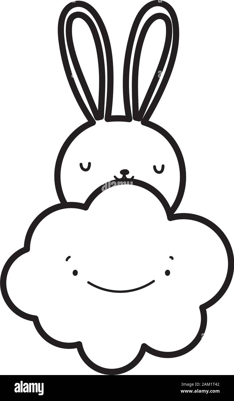 cute rabbit face cartoon cloud vector illustration thick line Stock ...