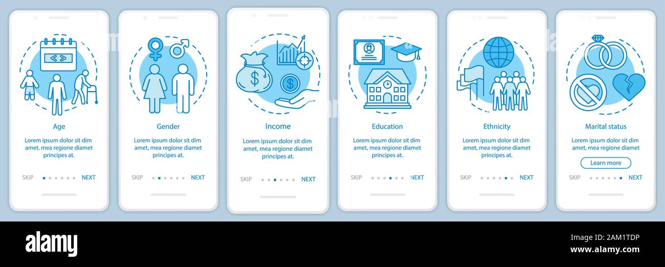 Demographics blue gradient onboarding mobile app page screen vector ...