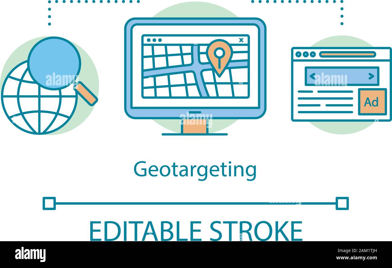 Geotargeting concept icon. Geolocation ranking. Location marketing. GPS navigation idea thin ...