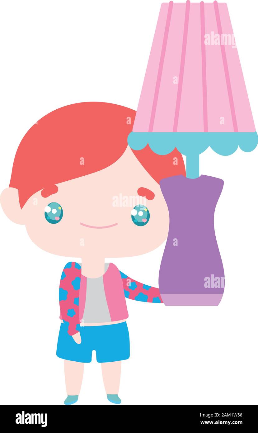 cute little boy cartoon holding lamp decoration vector illustration ...
