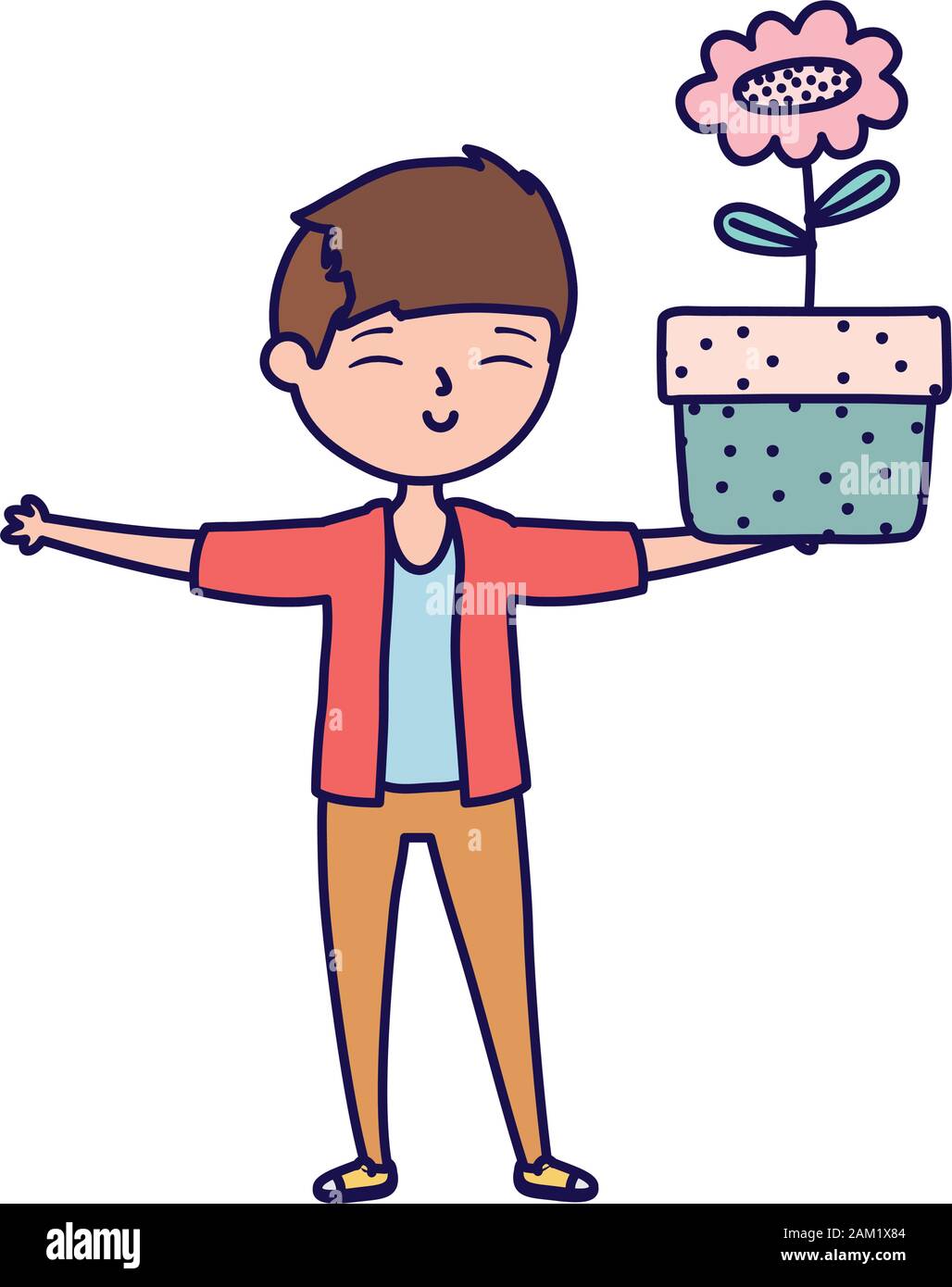 smiling young man holding flower in pot portrait vector illustration ...