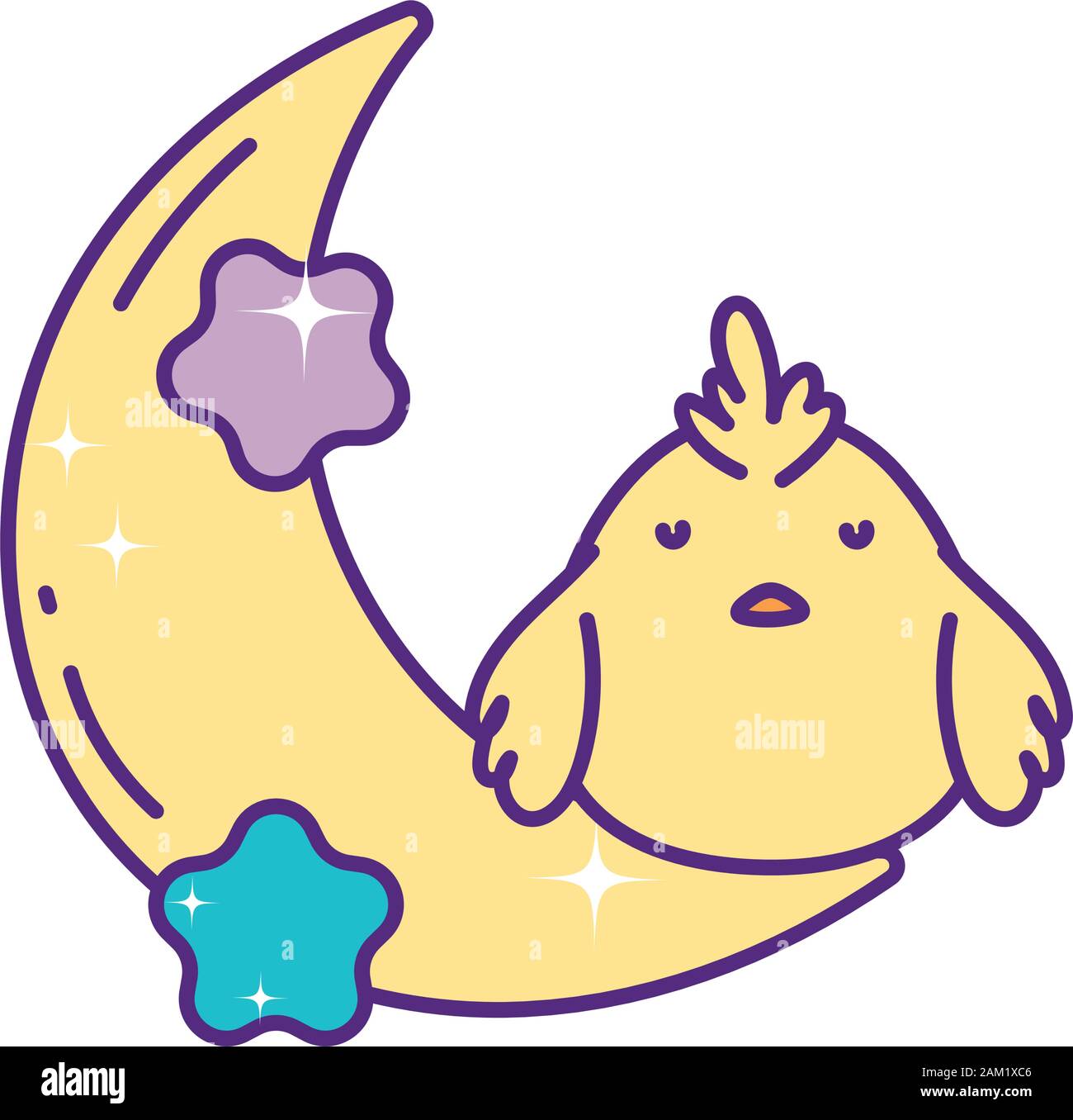 cute little chicken in half moon with stars cartoon vector illustration ...