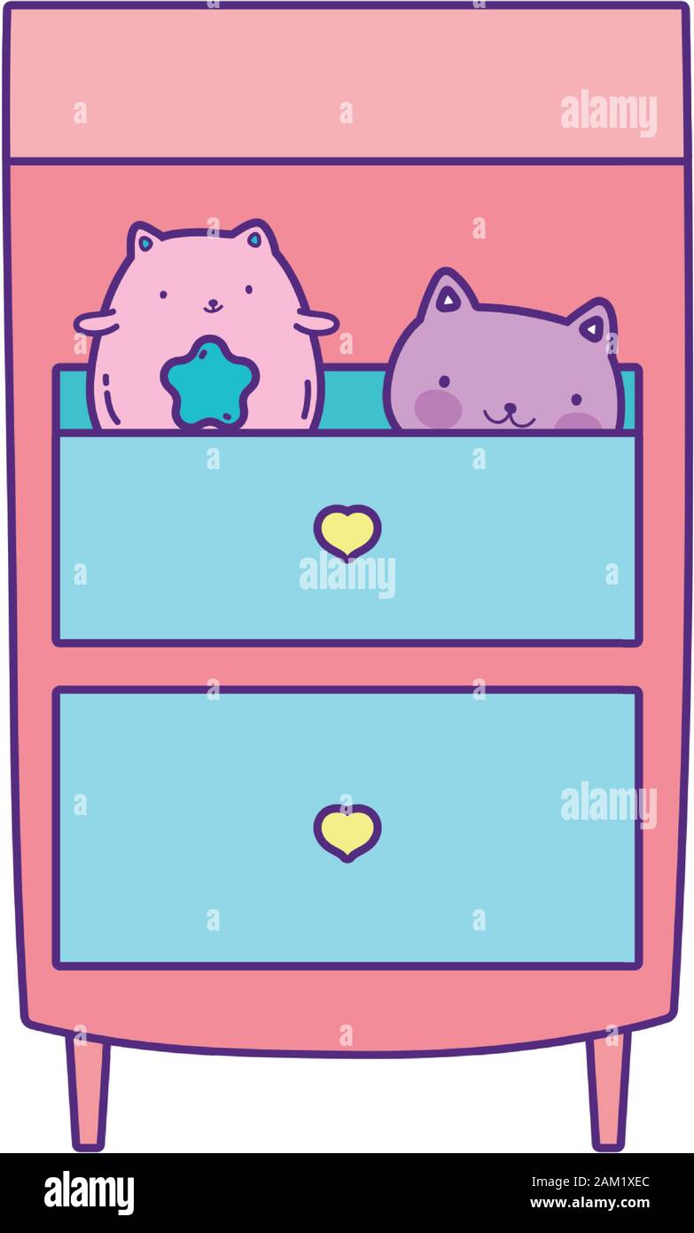 wooden drawers with toys cats on white background vector illustration ...