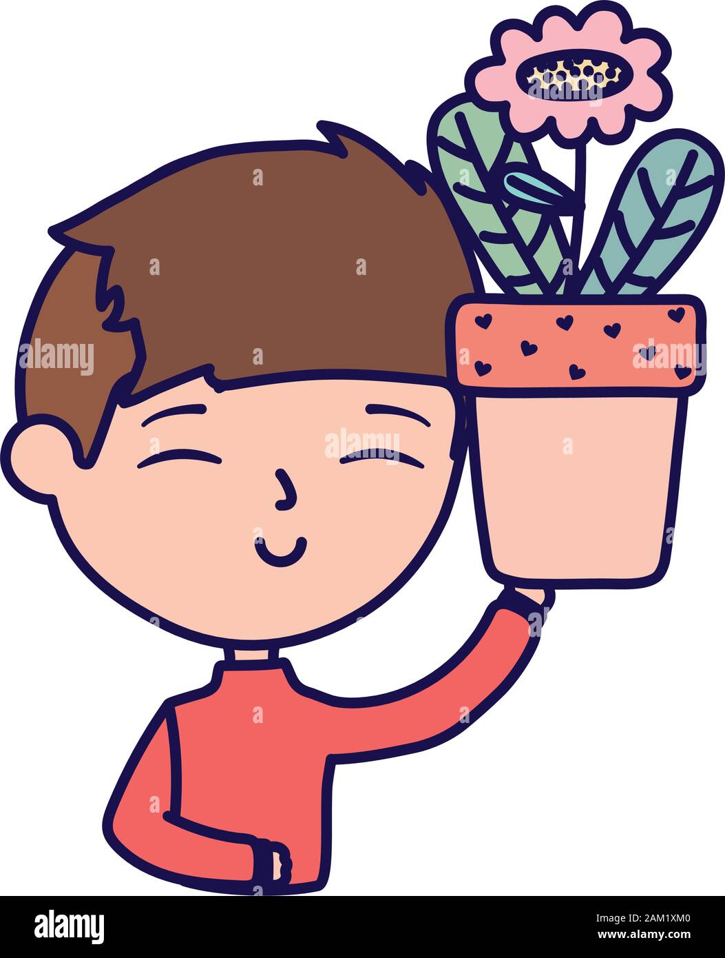 smiling young man holding flower in pot portrait vector illustration ...