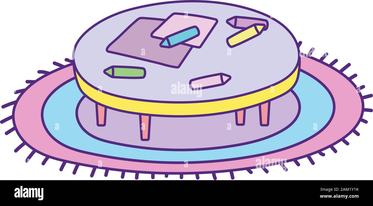 round table with color pencils and paper on carpet on white background ...