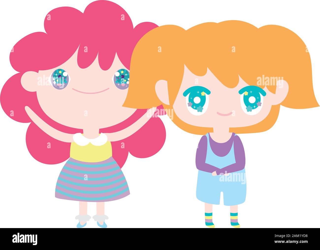 kids, cute little girls anime cartoon characters vector illustration ...