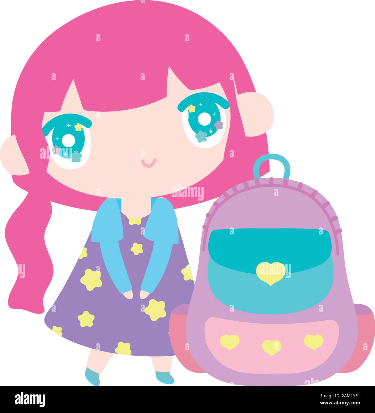 kids, cute little girl anime cartoon with school backpack vector ...