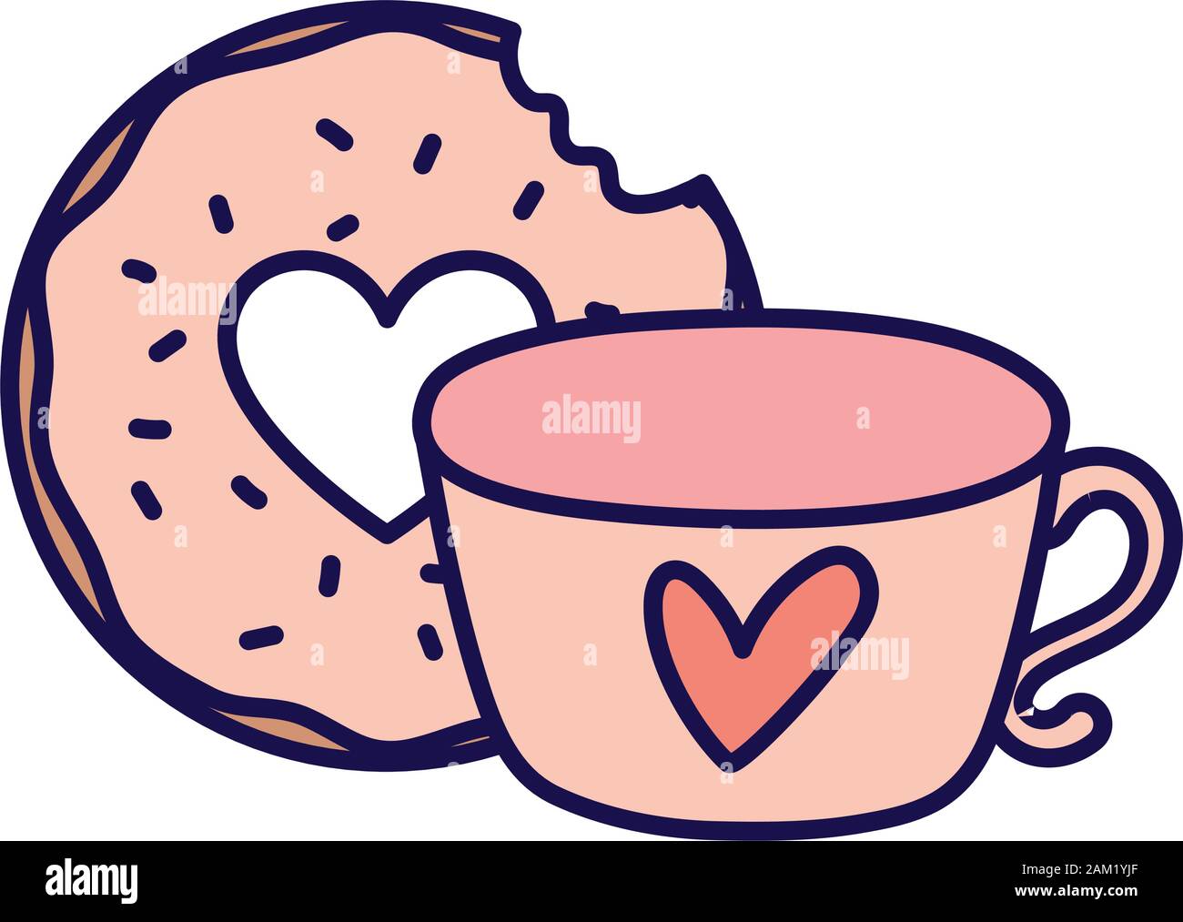happy valentines day sweet bite donut and coffee cup vector ...