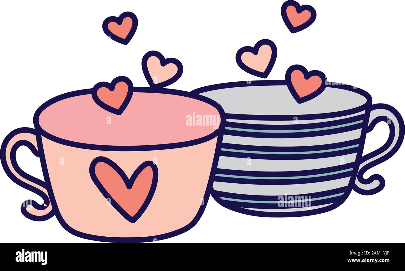 happy valentines day lovely coffee cups hearts card vector illustration ...