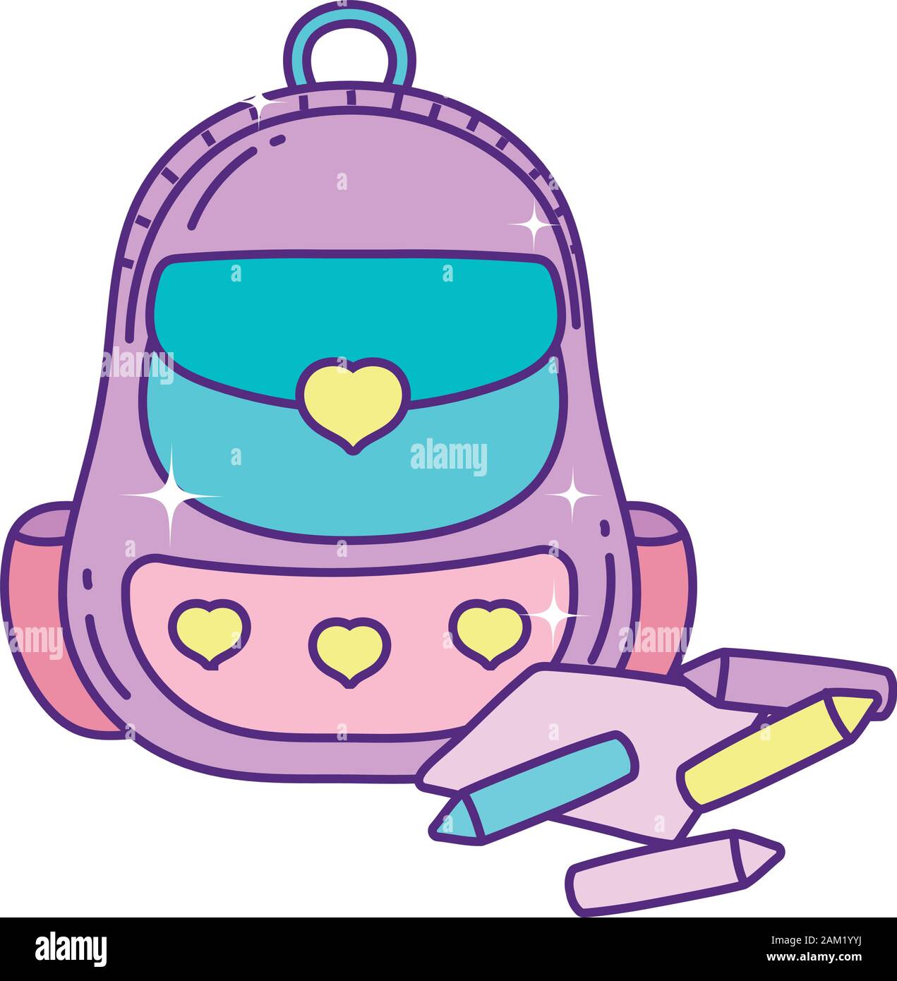 school backpack with crayons color and paper on white background vector ...