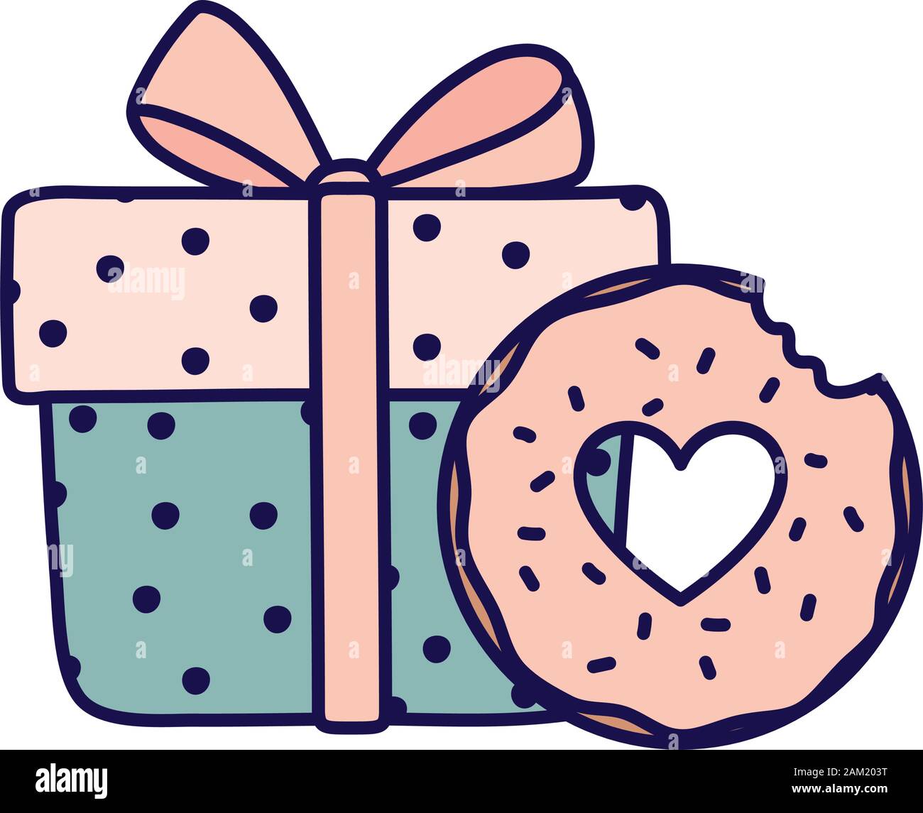 happy valentines day dotted gift box and bite donut dessert vector ...
