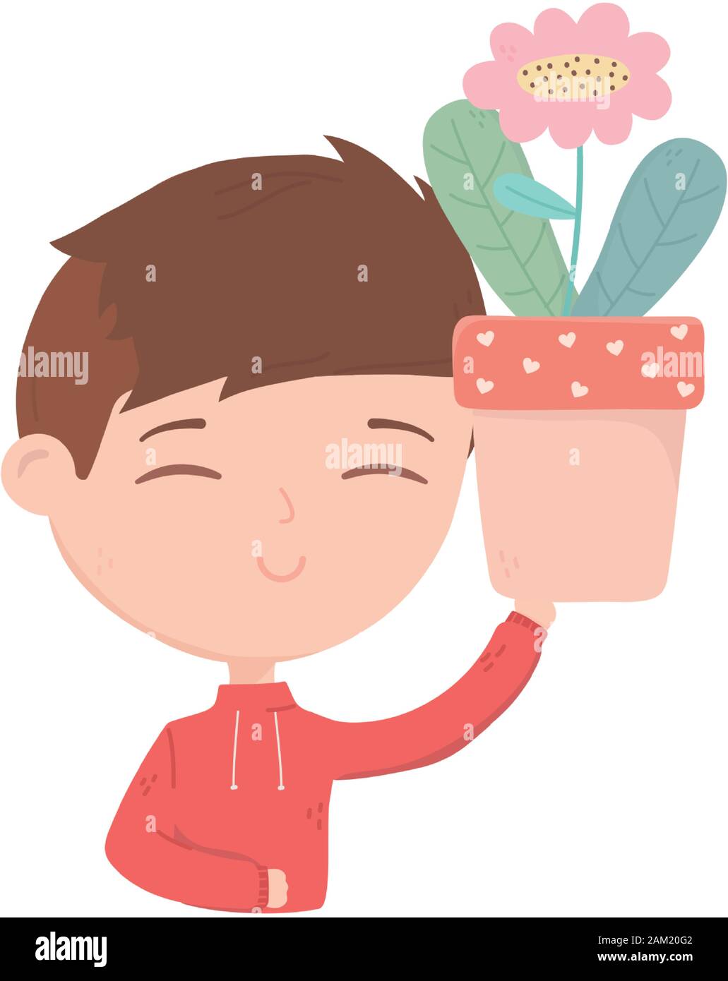smiling young man holding flower in pot portrait vector illustration ...