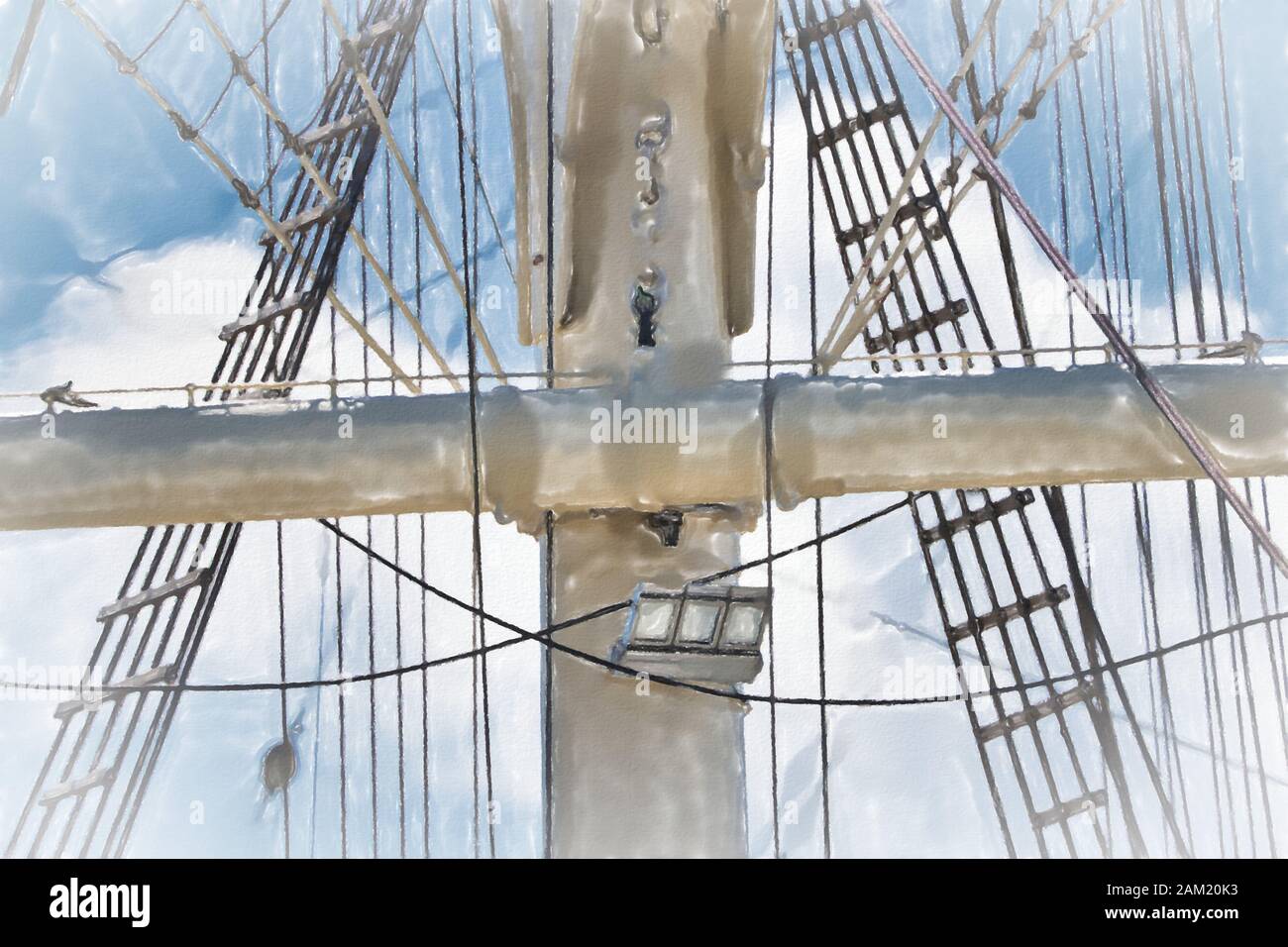 watercolor illustration: Detail view of the upper masts for the rigging ...