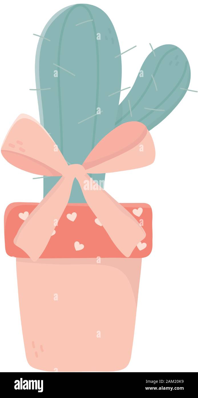 happy valentines day potted cactus bow love hearts vector illustration ...