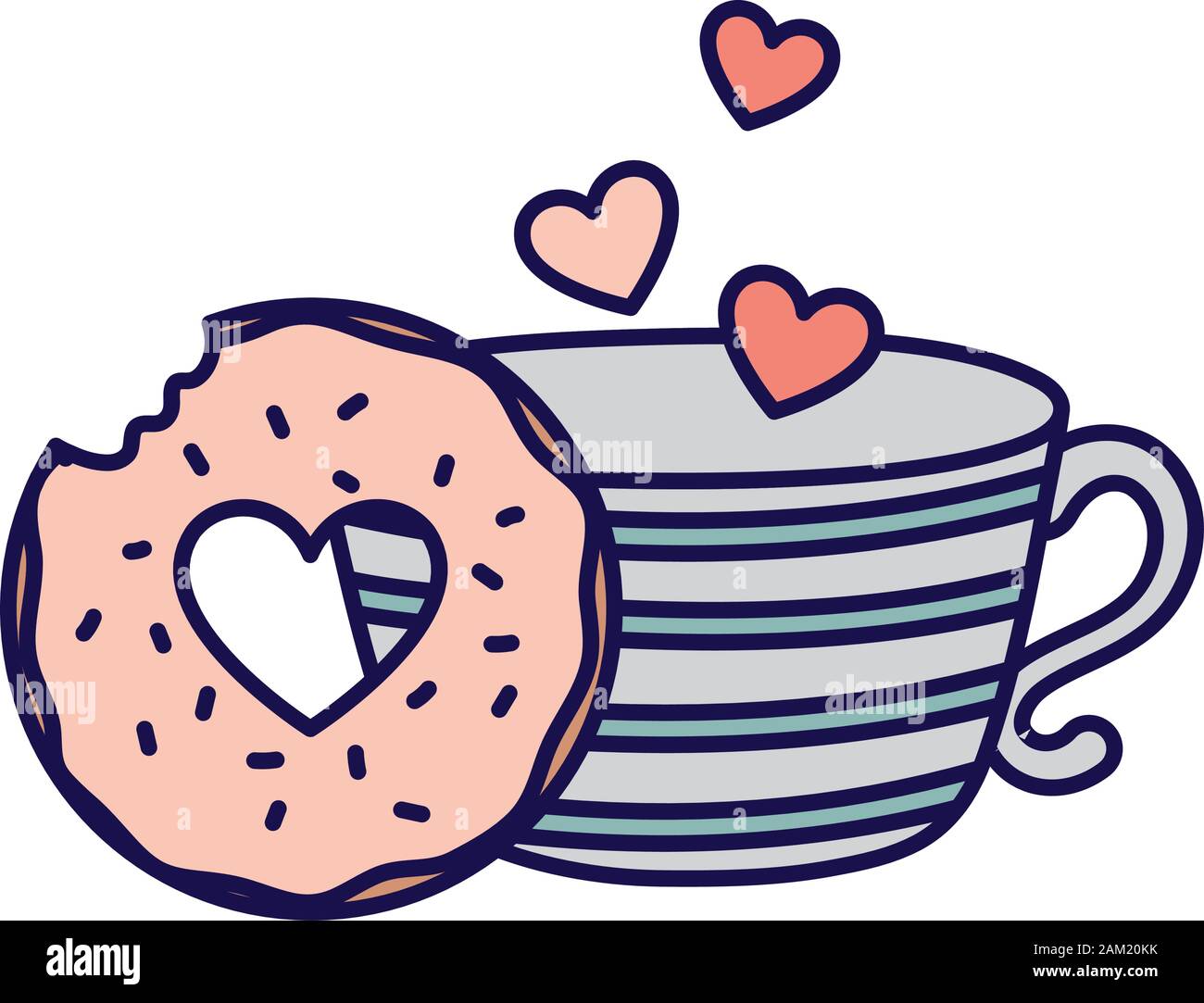 happy valentines day sweet bite donut and coffee cup hearts vector ...