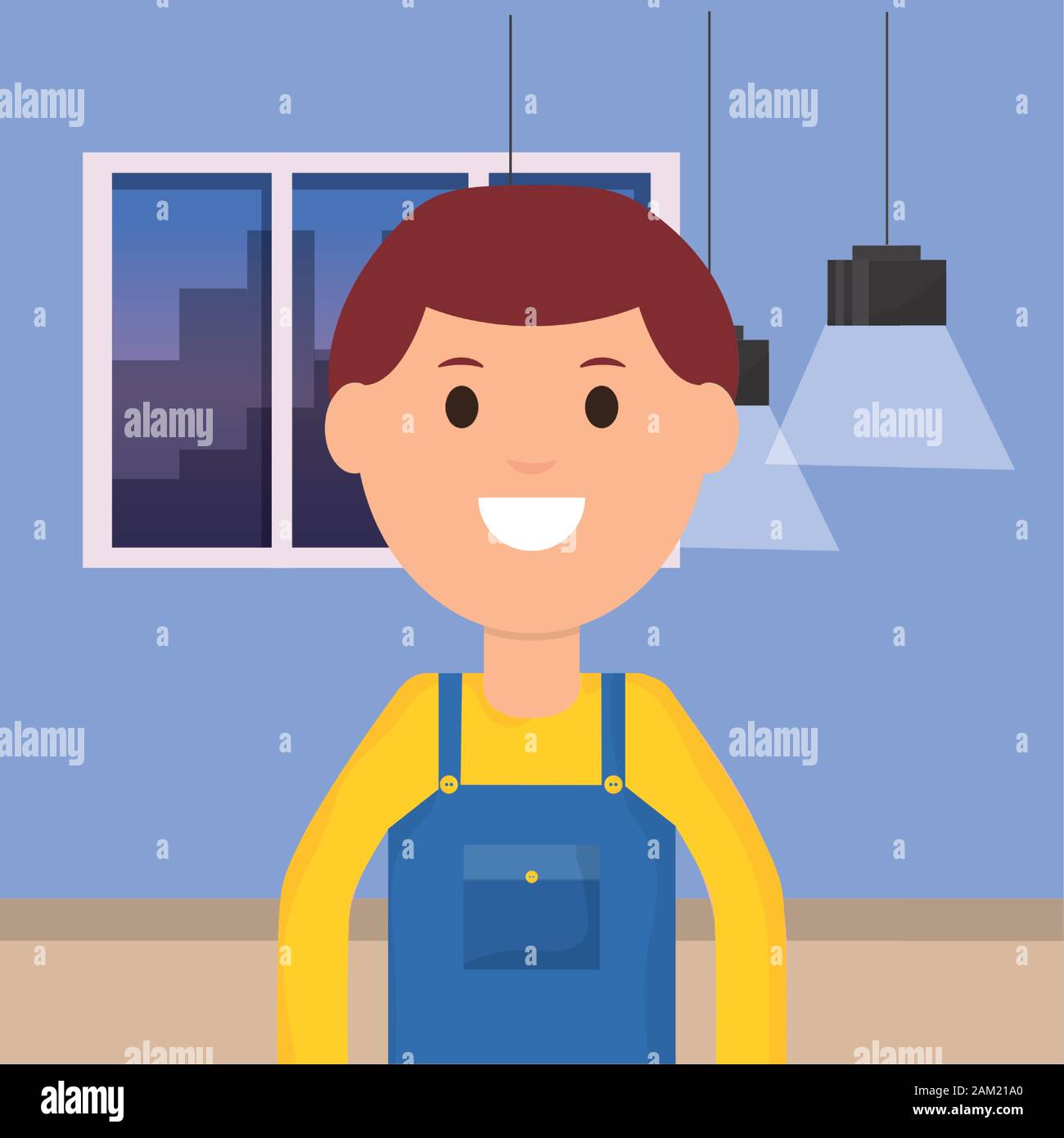 smiling worker man room ceiling lamps and window cityscape vector ...