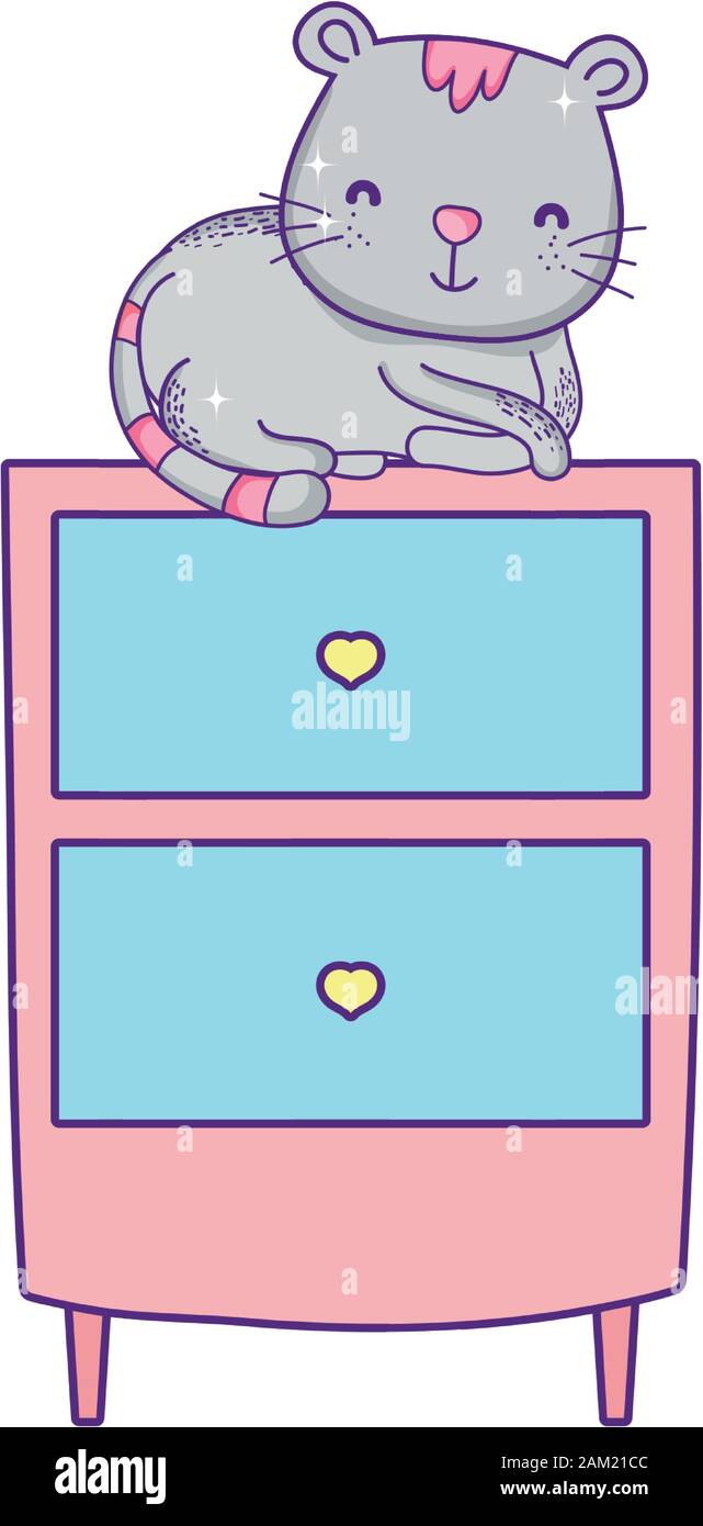 cute gray cat on drawers furniture cartoon on white background vector ...
