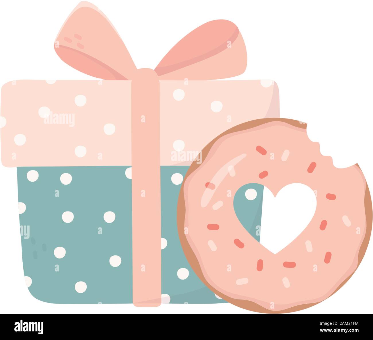 happy valentines day dotted gift box and bite donut dessert vector ...