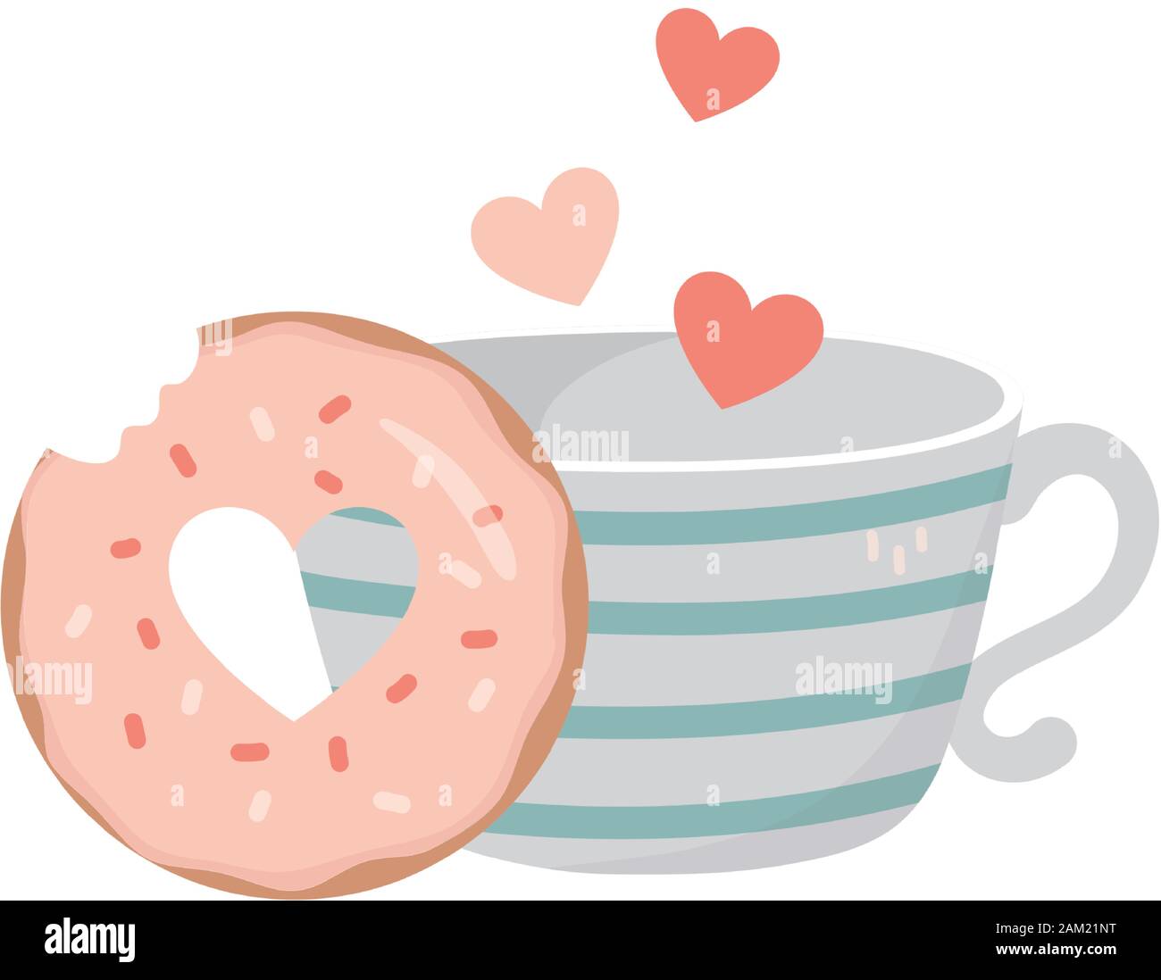 happy valentines day sweet bite donut and coffee cup hearts vector ...