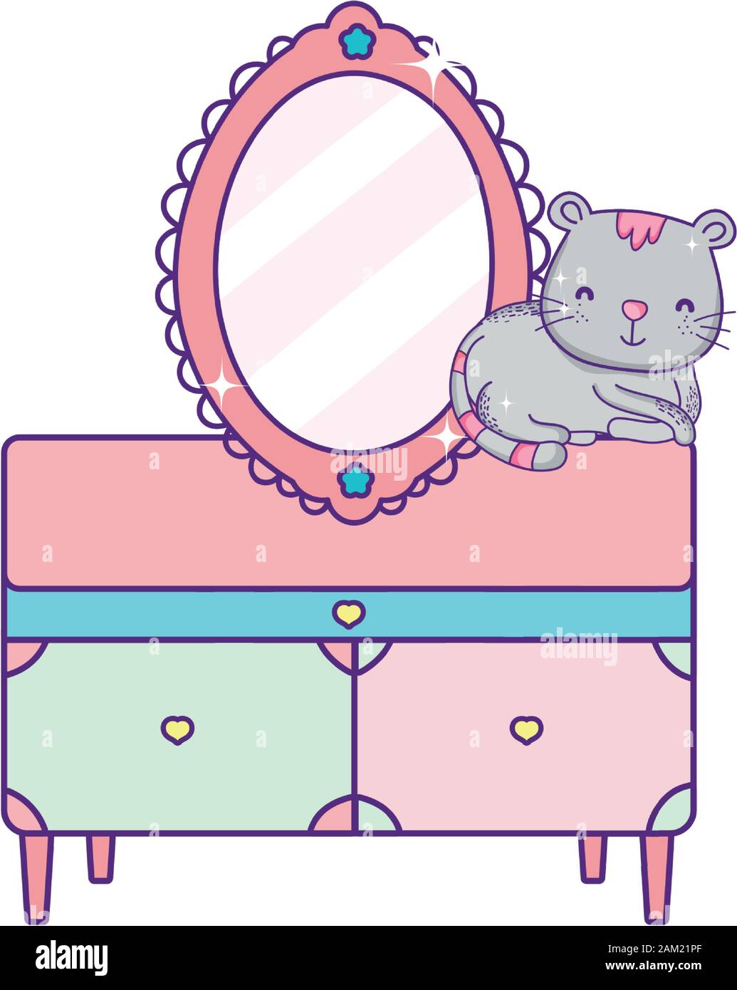 cute cat sitting on drawers furniture and mirror on white background ...