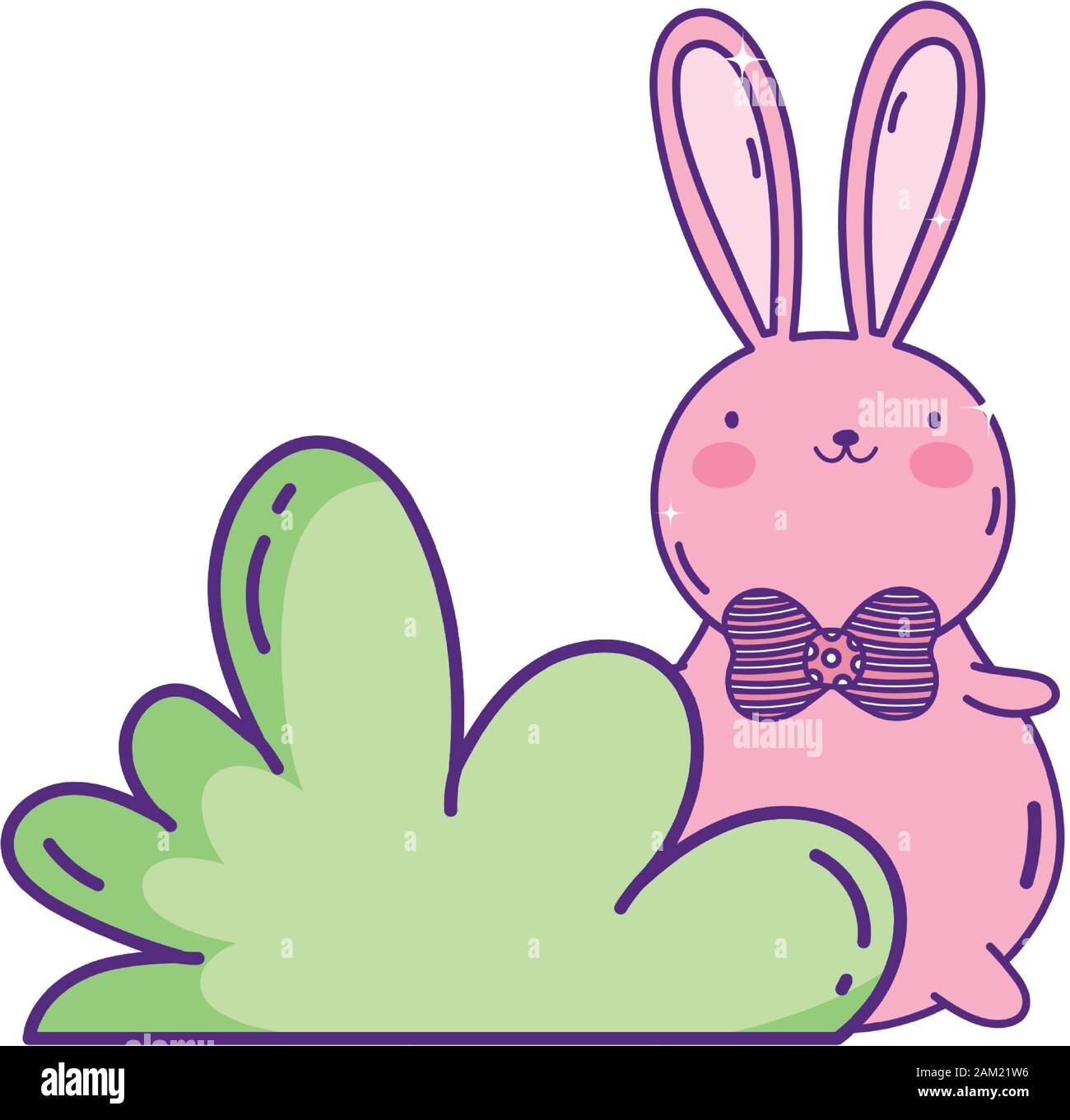 cute pink rabbit with bow tie bush nature vector illustration Stock ...