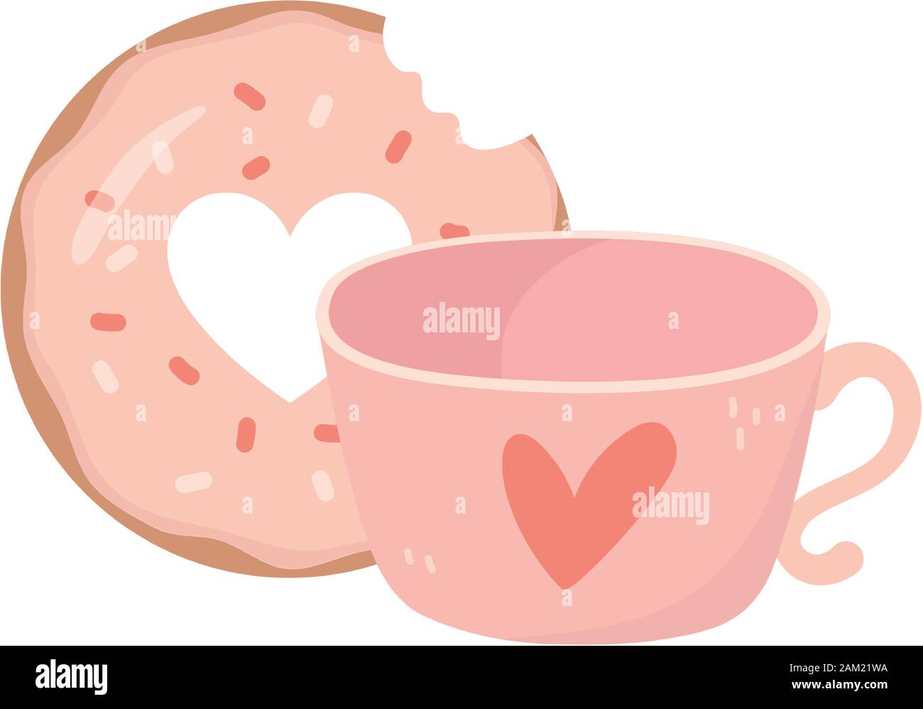 happy valentines day sweet bite donut and coffee cup vector ...