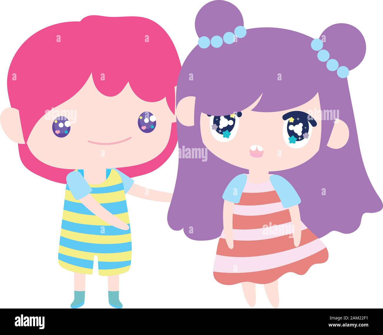 kids, little girl and boy anime cartoon characters vector illustration ...