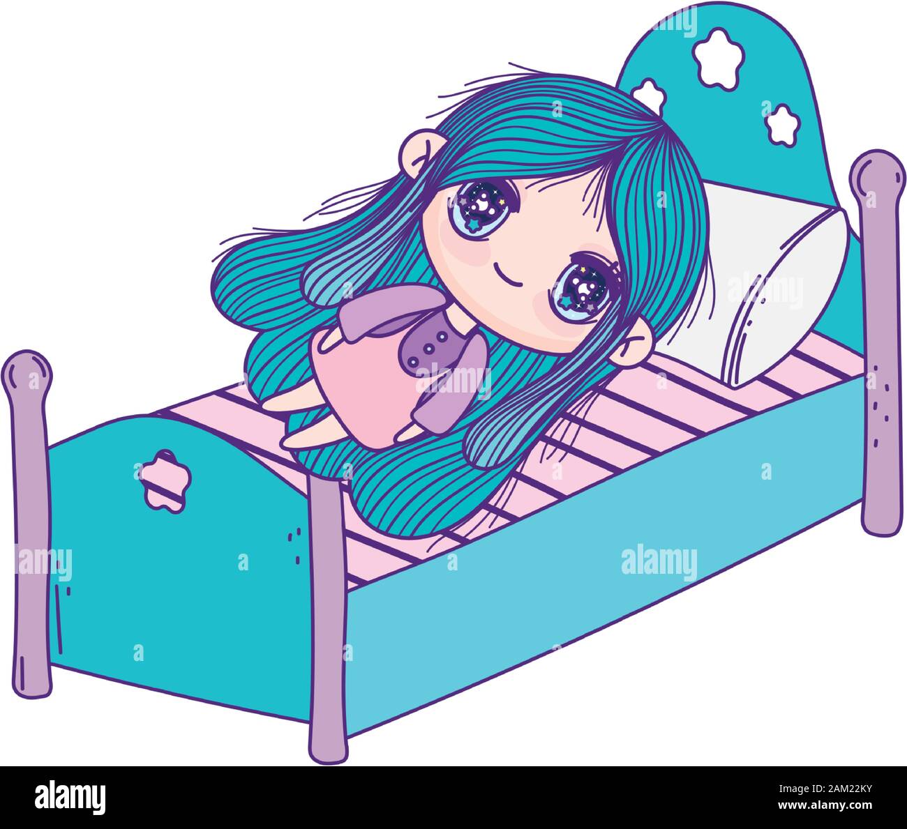 cute little girl cartoon in the bed with pillow vector illustration ...