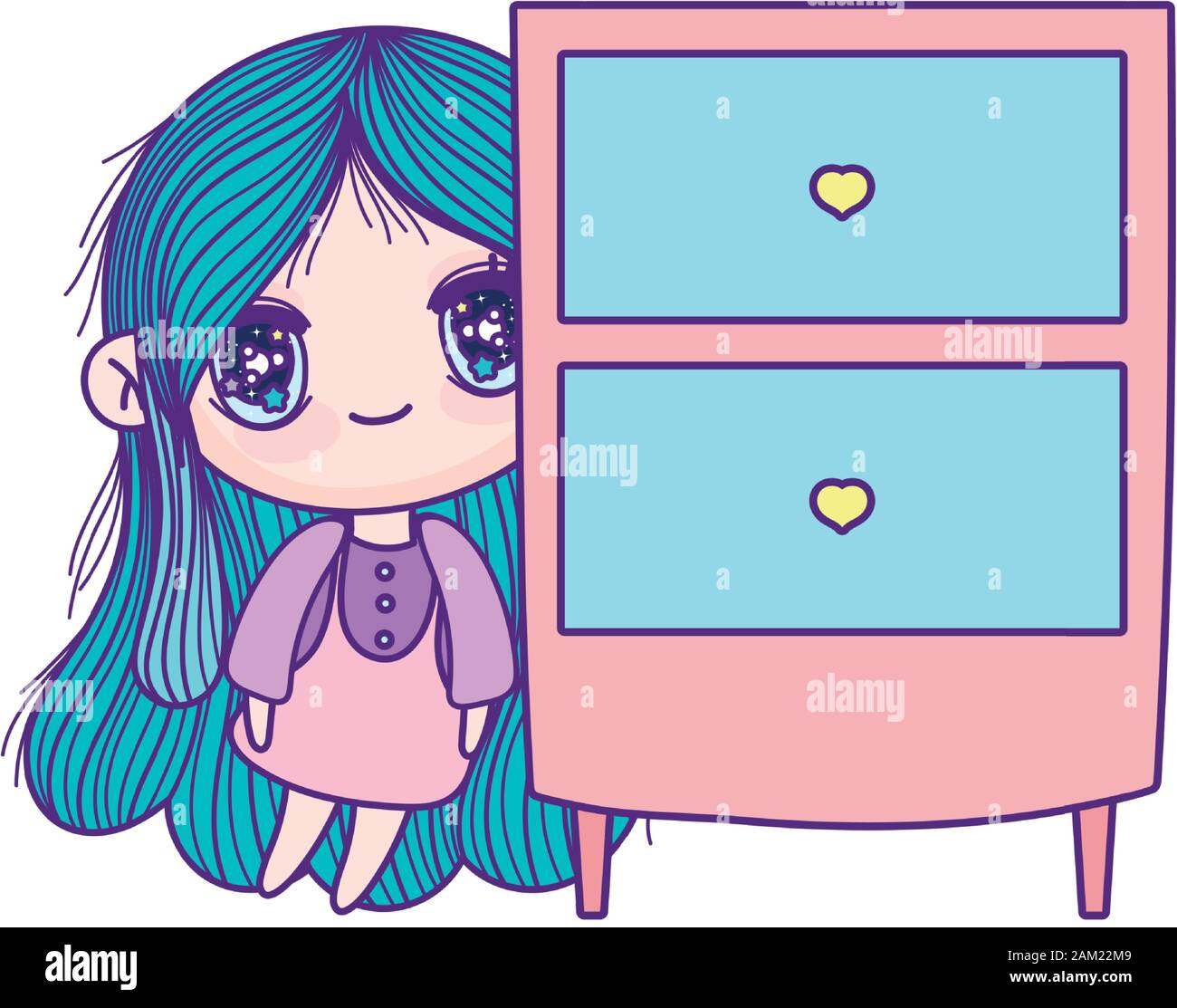 cute little girl cartoon with furniture cabinet vector illustration ...