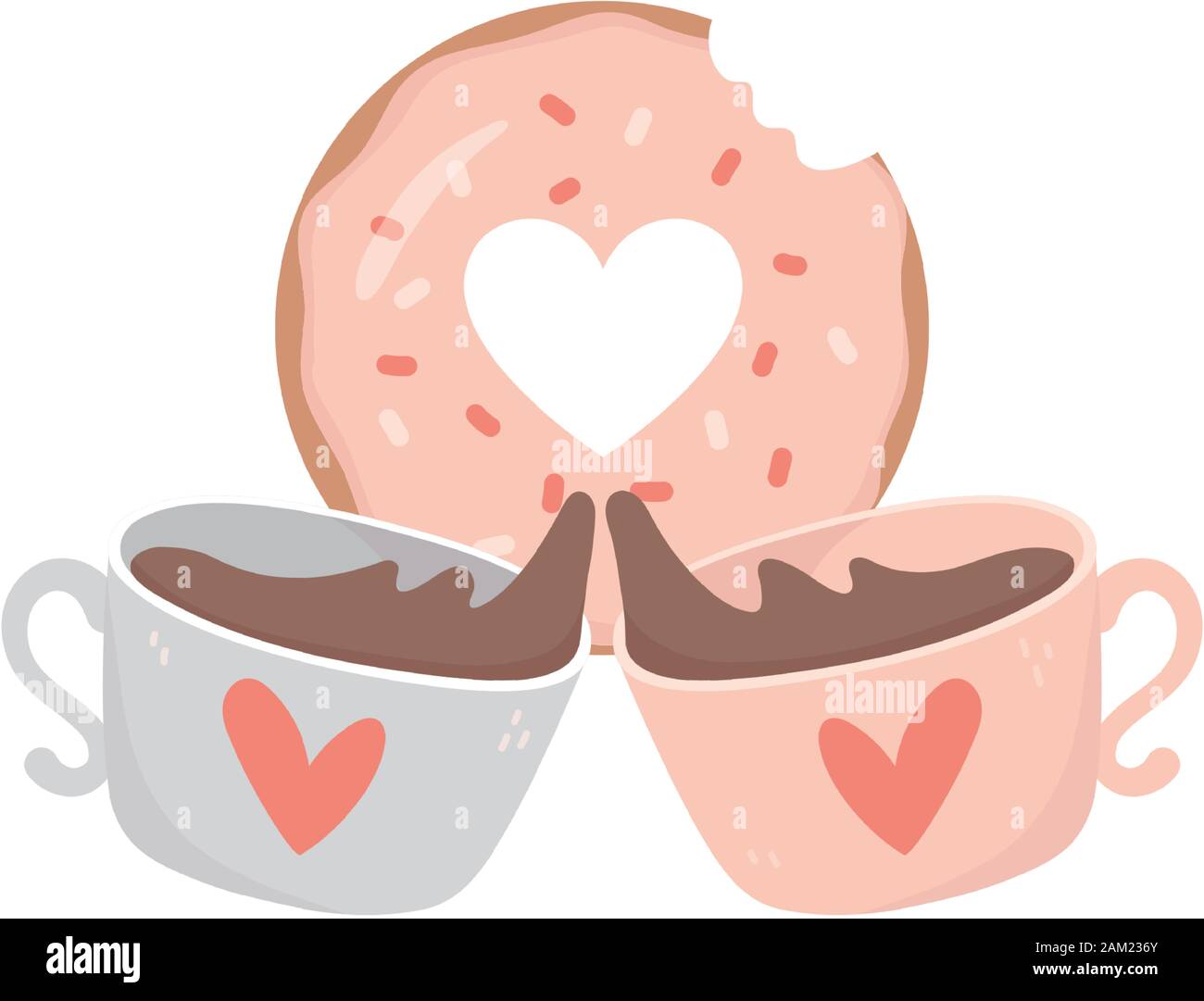 happy valentines day sweet donut and coffee cups love hearts vector ...