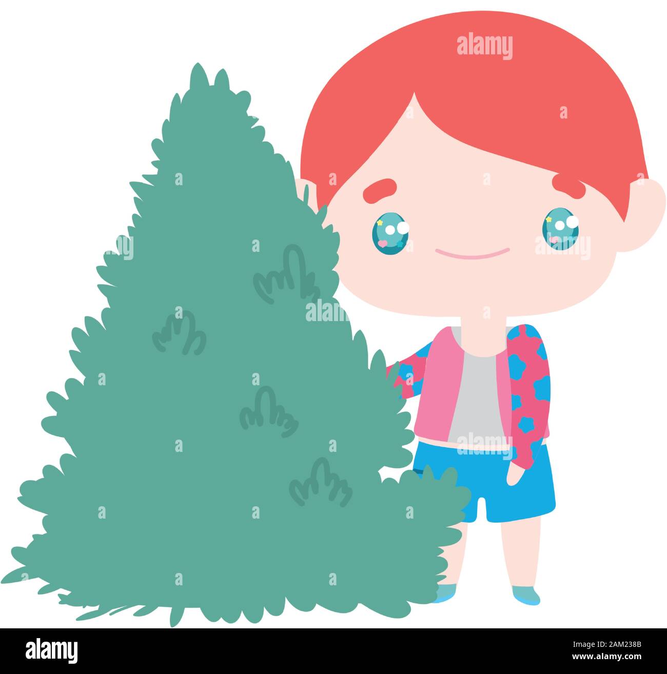 cute little boy cartoon tree foliage nature flora vector illustration ...