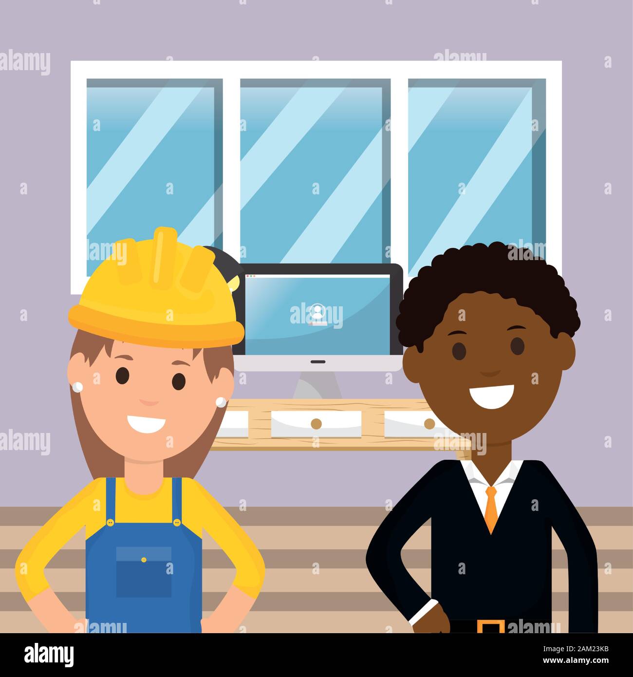 businessman and woman worker workspace office desk computer window ...