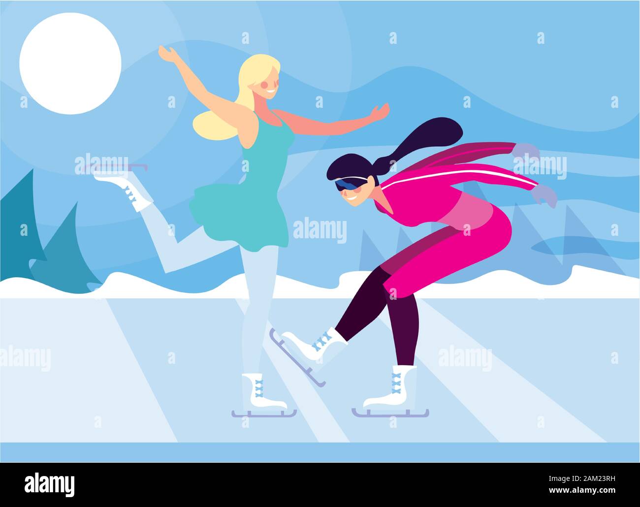 women practicing skating winter in landscape with snowfall vector ...