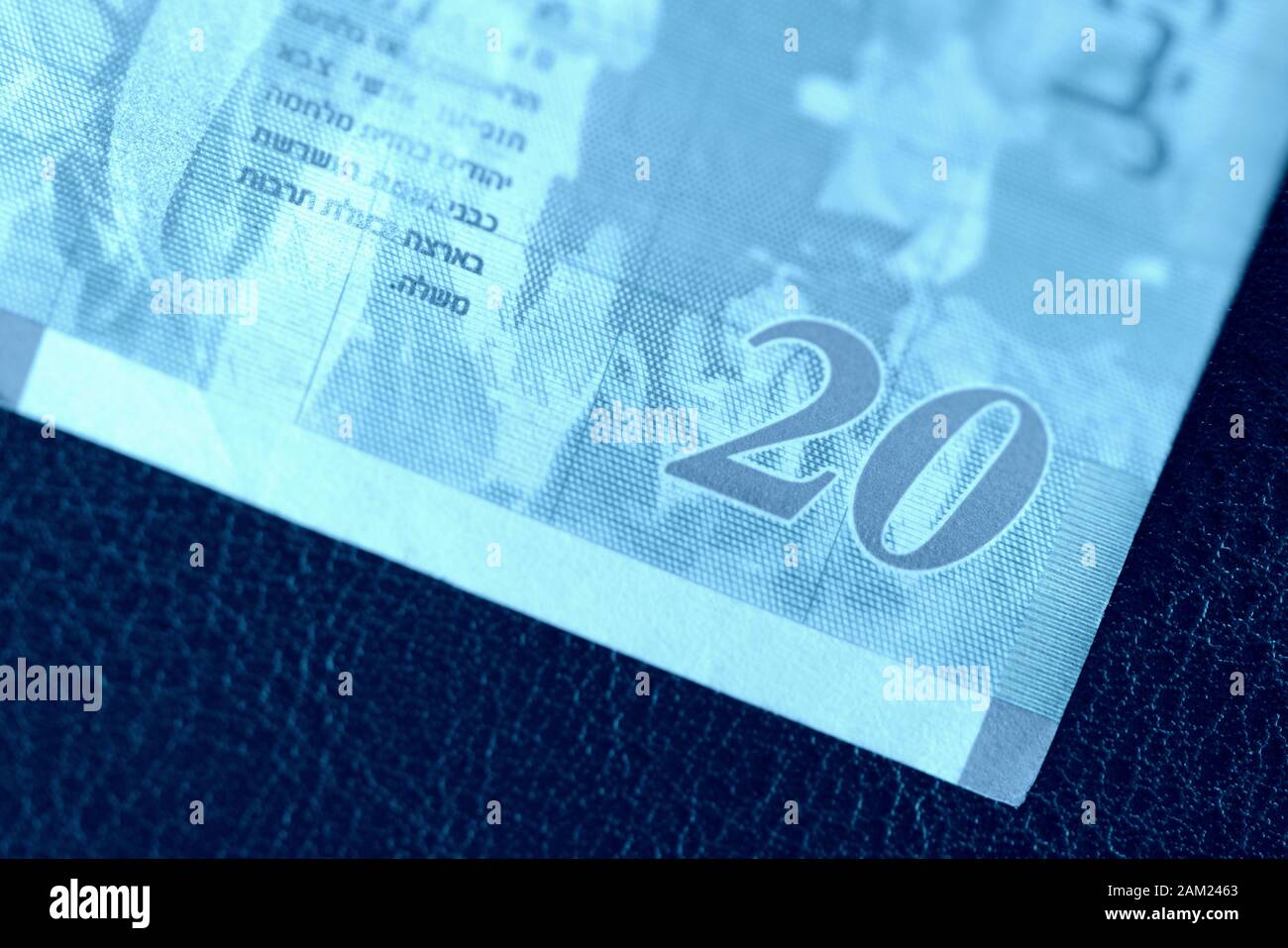 Twenty shekels banknote on a dark background close-up. Money background ...