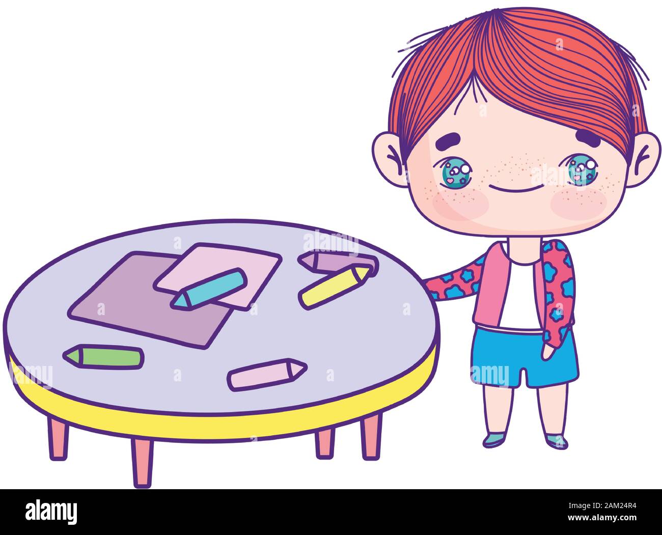 cute little boy cartoon with table and crayons vector illustration ...
