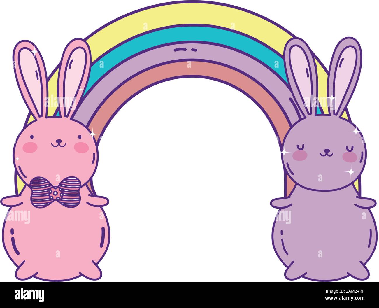 cute rabbits cartoon animals rainbow decoration vector illustration ...