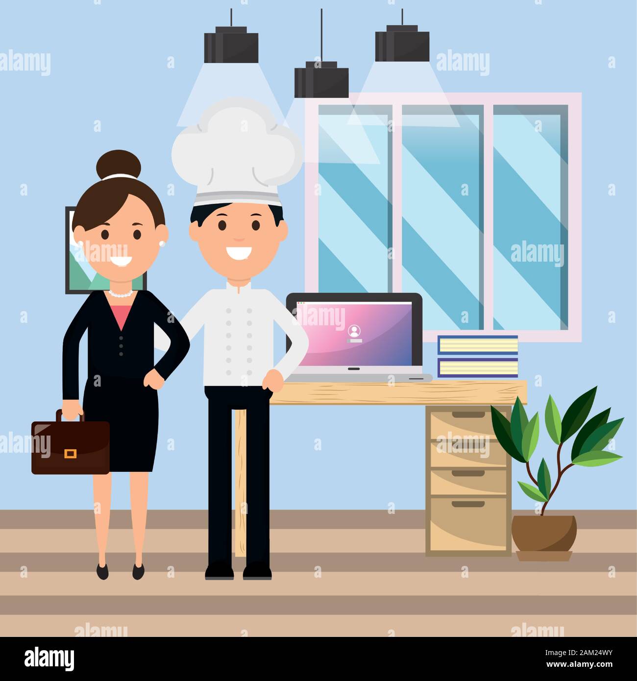 chef man and businesswoman in the office computer desk books plant ...
