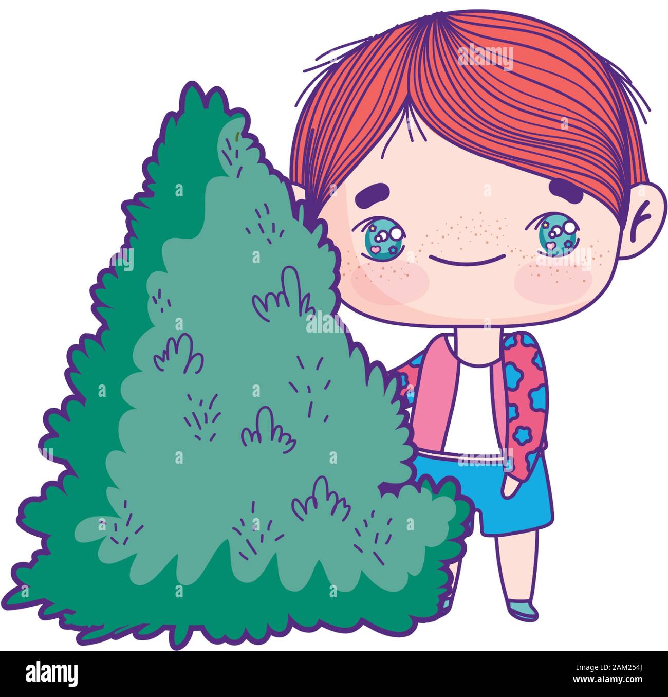 cute little boy cartoon tree foliage nature flora vector illustration ...