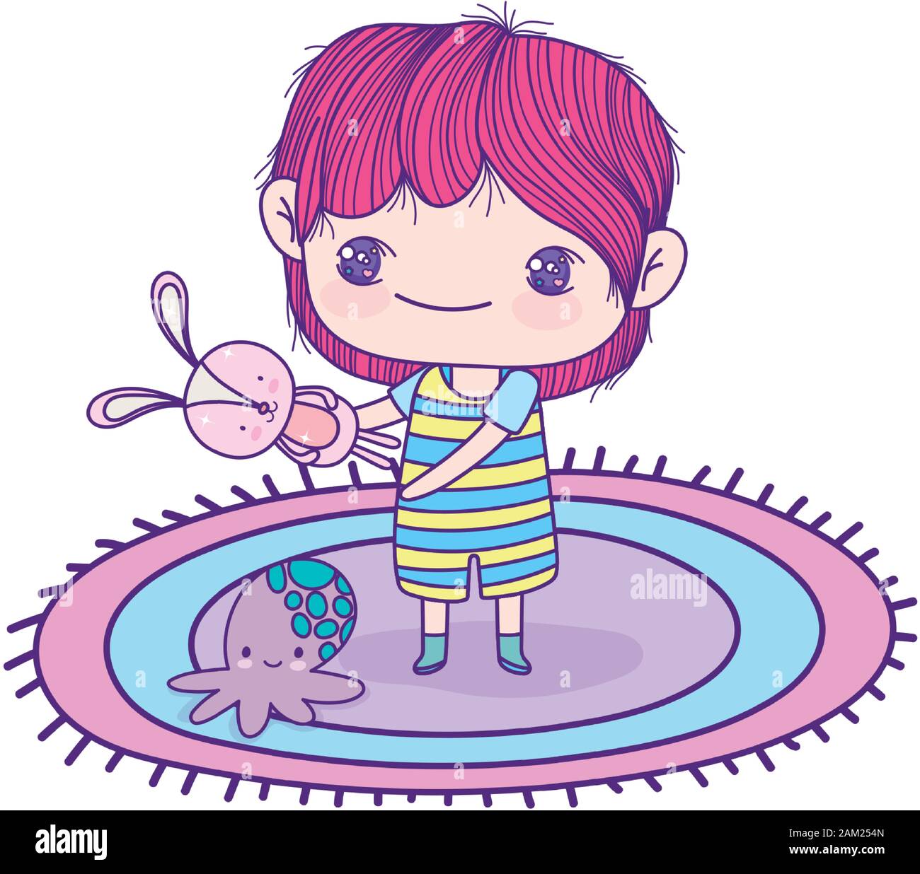 cute little boy with toy rabbit and octopus cartoon on carpet vector ...