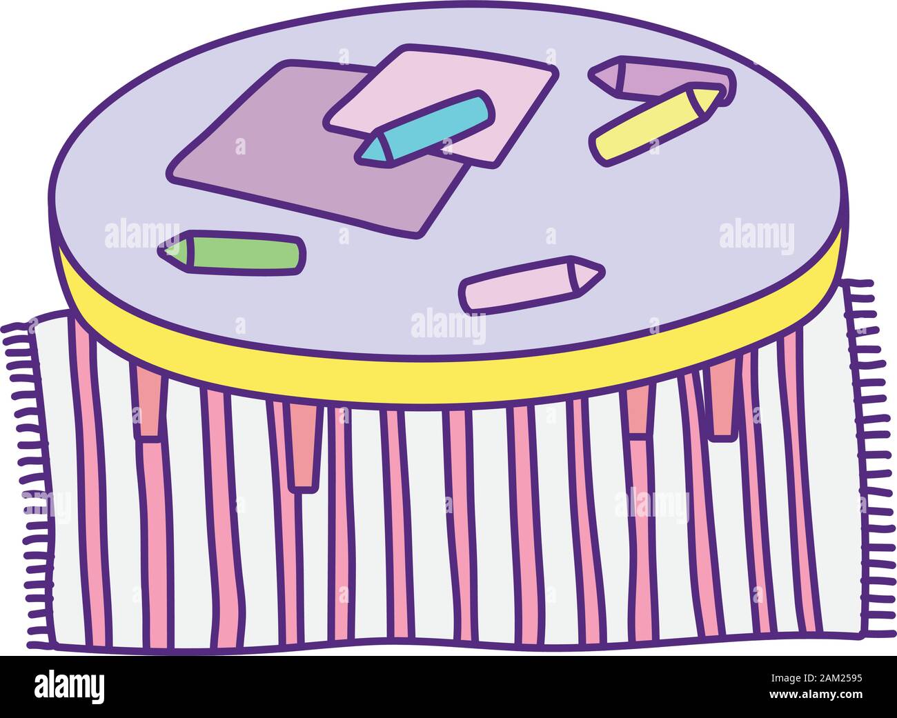 round table with color pencils and paper on striped carpet on white ...