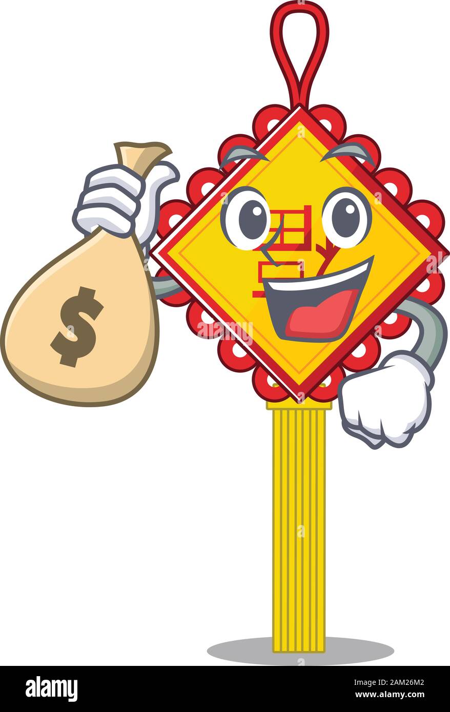 Happy rich chinese knot cartoon character with money bag Stock Vector ...