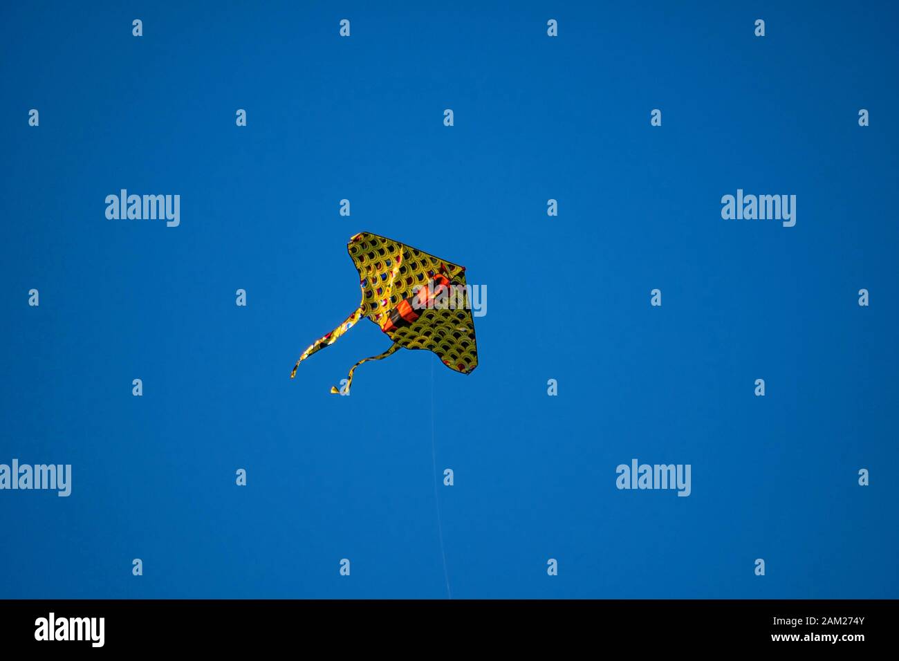 Colorful yellow kite flying on the blue sky Stock Photo - Alamy